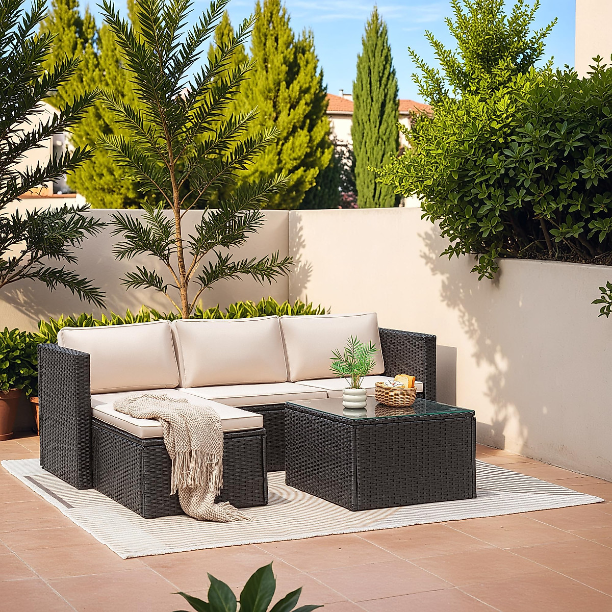 Flamaker Outdoor Patio Furniture Set Wicker Patio Sofa 3 Pieces Conversation Set Rattan sectional Sofa with Adjustable Seat for Balcony Porch Backyard, Beige