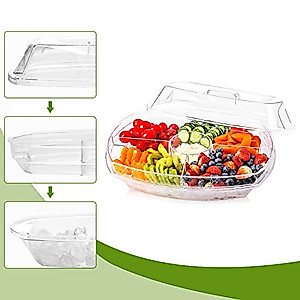 IVYHOME Fruit Ice Serving Tray, Chilled Veggie Tray, Shrimp Cocktail Serving Dish, Appetizer Serving Platter for Parties, with Lid and 4 Compartments