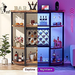 Unikito Wine Rack Freestanding Floor with Oulet and Two LED lights, 4 Tier Industrial Wine Bar Cabinet with Display Shelf, Bar Stand For Liquor, Wine Stand For Kitchen Dining Living Room, Rustic Brown