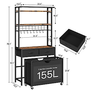 TEENFON Laundry Sorter, Rolling Laundry Hamper with 3 Section Pull-Out Bags, Laundry Basket Organizer with 2 Drawers, Laundry Hamper with Shelves and 8 Hooks for Laundry Room, Bathroom, Bedroom
