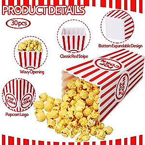 Plastic Popcorn Boxes Reusable Open Top Popcorn Containers Red and White Striped Popcorn Buckets Bulk for Movie Night, Classic Retro Style, 7.7 x 3.9 x 2.4 Inch (30 Pcs)