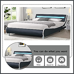 Queen Size Faux Leather Upholstered Platform Bed Frame with LED Lighting, Curve Design, Wood Slat Support, No Box Spring Required, Simple Assembly for Boys Girls Teenagers and Adults, Black+White