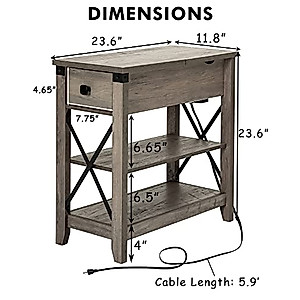 Awescuti Narrow End Table with Charging Station Farmhouse Slim Side Table with USB Ports and Power Outlets, Nightstand with Flip Top and Storage Drawer, for Small Spaces Living Room Bedroom, Gray