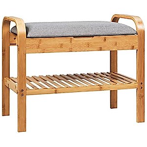 Giantex Shoe Rack Bench with Storage, Bamboo Storage Bench with Cushioned Seat, Padded Seat Shoe Bench with Storage Shelf, Shoe Organizer for Entryway, Hallway, Bedroom, Holds Up to 330 LBS