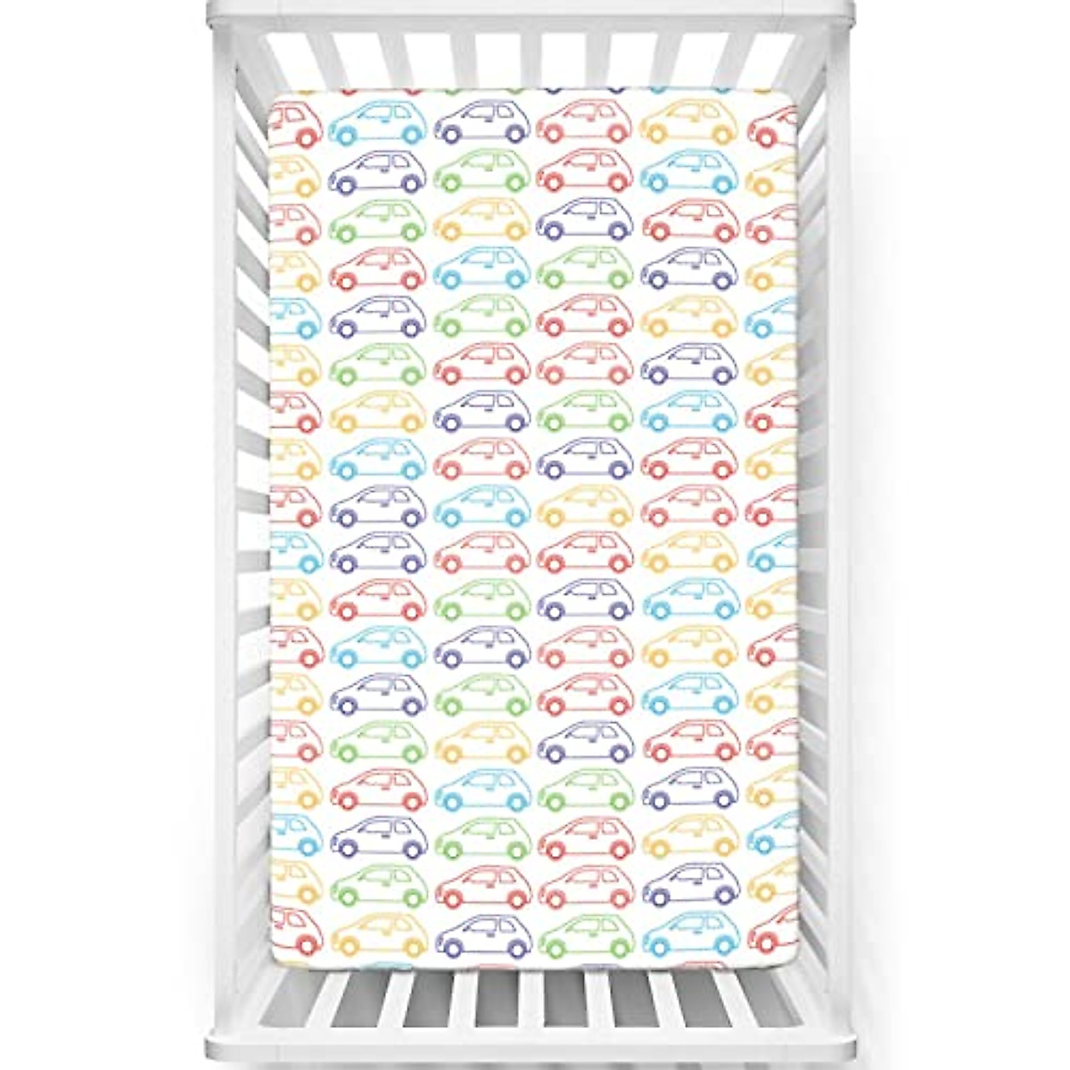 Cars Themed Fitted Crib Sheet,Standard Crib Mattress Fitted Sheet Ultra Soft Material-Crib Mattress Sheet or Toddler Bed Sheet, 28“ x52“,Lime Green Aqua Red