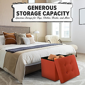 LINMAGCO Storage Ottoman Folding Foot Stool Ottoman Foot Rest with Side Pocket Modern Ottoman with Storage Short Sofa Stool Linen Cloth 17x13x13(Orange)