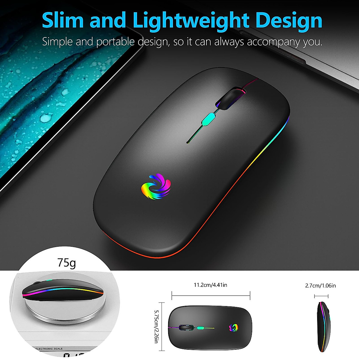 aMZCaSE LED Wireless Mouse, Rechargeable Slim Silent Mice 2.4G Portable Office Optical Mouse with USB Receiver and Type-C Adapter, 3 Adjustable DPI for Laptop, Computer, PC, Notebook, Desktop (Black)