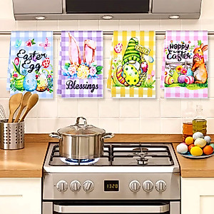 RUMIA 4 Pcs Easter Kitchen Towels Buffalo Plaid Happy Easter Kitchen Dish Towels Dishcloth 18 x 26 inch Easter Gnomes Bunny Eggs Hand Towels for Spring Easter Housewarming Gifts Kitchen Decor
