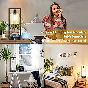 Wireless Charging Touch Control Table Lamp Set of 2, Dimmable Bedside Nightstand Lamps with USB Port, Industrial Desk Lamps for Bedroom Living Room Office Seeded Glass Shade, Bulbs Included