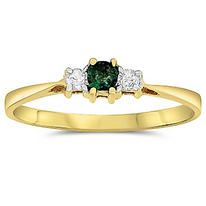14k Yellow Gold Green Emerald Gemstone & Diamond 3 Stone Promise Stackable Ring May Birthstone Jewelry For Women, Anniversaries, Valentines Day, Mothers Day (Emerald 0.10 Ct., Diamond 0.08 Ct.) Size 7