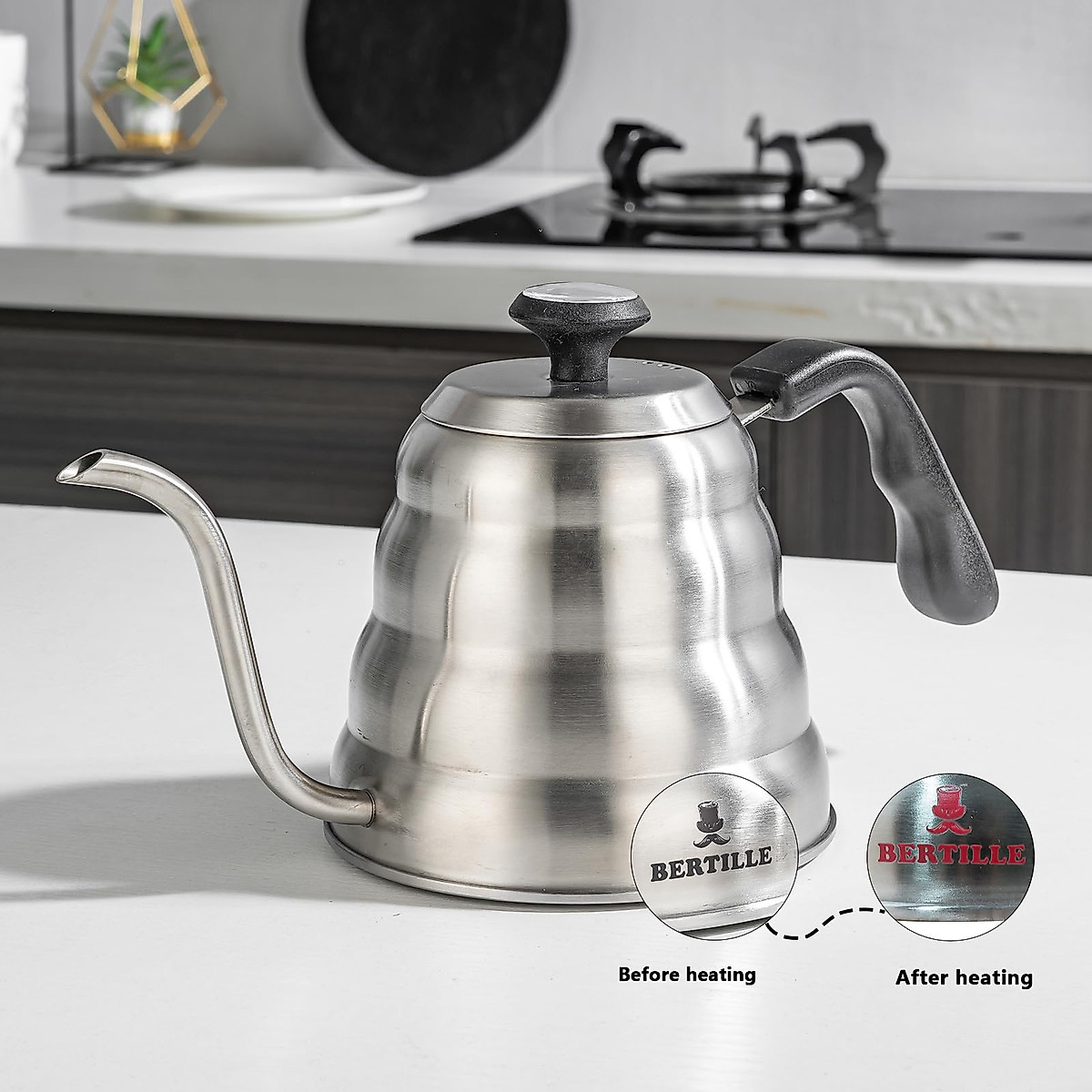 BERTILLE Gooseneck Coffee Kettle Tea Kettle with Thermometer 40 fl oz/1200 ml, premium stainless steel kettle body and ergonomic handle + 1.1 oz coffee bean storage canister(Black)