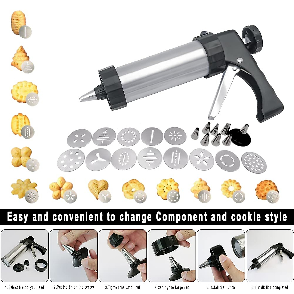 aHzleeM Cookie Press Gun Cupcake Filler Injector Stainless Steel DIY Biscuit Cookie Pastry Gun for Cake Decorating 25 PCS