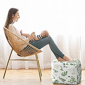 Sweet Jojo Designs Green Boho Floral Leaf Boy Girl Ottoman Pouf Cover Unstuffed Poof Floor Footstool Square Cube Pouffe Storage Baby Nursery Kids Room Sage White Bohemian Gender Neutral Watercolor