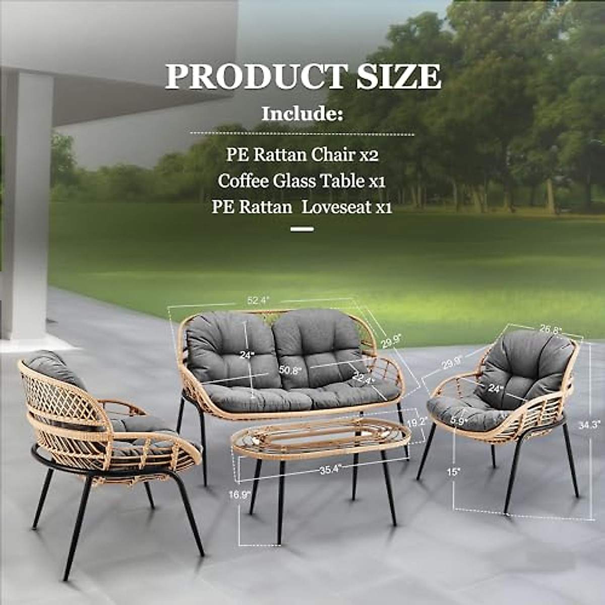 Urban Home Furniture Belize 4-Piece PE Natural Rattan Outdoor Conversation Set, 2 Single Chairs with Cushions, Loveseat with Cushions, Coffee Table with Glass Top, with Grey Cushions