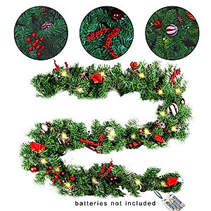 MorTime 9 FT LED Christmas Garland with Pinecones Red Berries Bows Christmas Balls Candies, Multi-Function Christmas Garland with 50 Warm White LED Lights, 180 Branch Tips