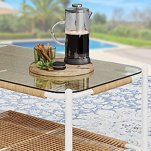 JAMFLY 5 Piece Patio Wicker Furniture Set, Outdoor Patio Furniture Rattan Conversation Set, All Weather Conversation Set for Backyard, Balcony, Deck with Soft Cushions and Glass Table