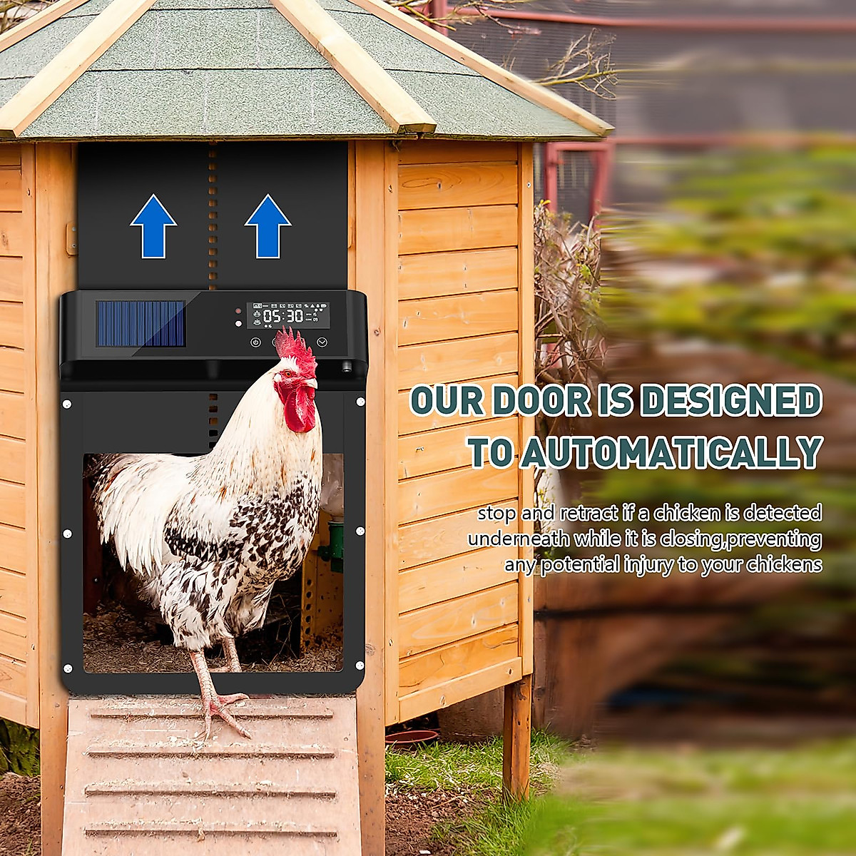 Profey Solar Powered Automatic Chicken Coop Door, LCD Display, 4 Modes, Waterproof, Aluminum Alloy, Remote Control, AA Battery Operated, 9.2x10.7x9.2 inches