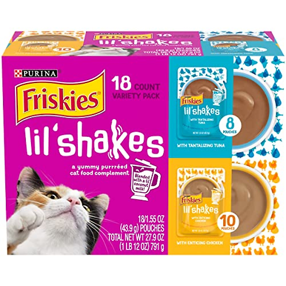 Friskies Purina Pureed Cat Food Topper Variety Pack, Lil' Shakes with Chicken and with Tuna Varieties - (2 Packs of 18) 1.55 oz. Pouches