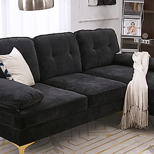 POULEII Sectional Sofa,Modern L-Shape Modular Sectional Sofa Sleeper Couch with Chenille Fabric and Gold-Plated Feet for Living Room, Apartment, Office,Black