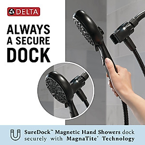 Delta Faucet 6-Setting SureDock Magnetic Shower Head with Handheld Spray, Black Shower Head with Hose, Round Shower Head, Showerheads & Handheld Showers, MagnaTite Docking, Matte Black 75609BL