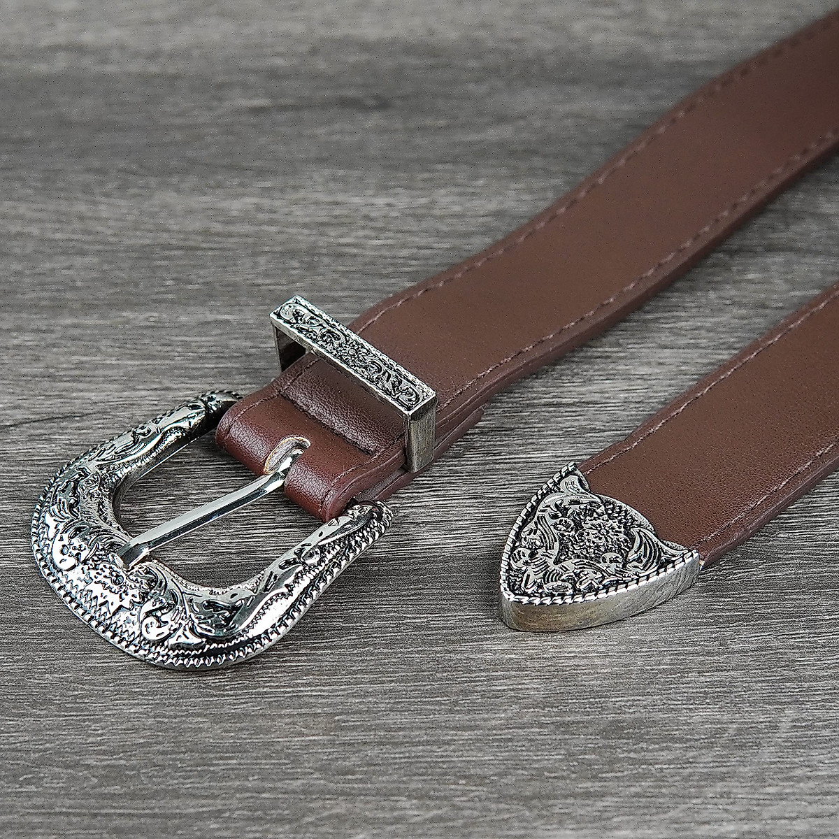 INOGIH Western-Leather-Belts-Women Vintage Waist-Belts with Hollow Out Flower Buckle