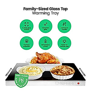 Chefman Electric Warming Tray with Adjustable Temperature Control, Glass Top Large 21”x16” Surface Keeps Food Hot,Black