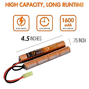 Lancer Tactical Nimh Airsoft Battery Compatible with Lancer AEG Airsoft (9.6V, 1600 mAh Nunchuck)