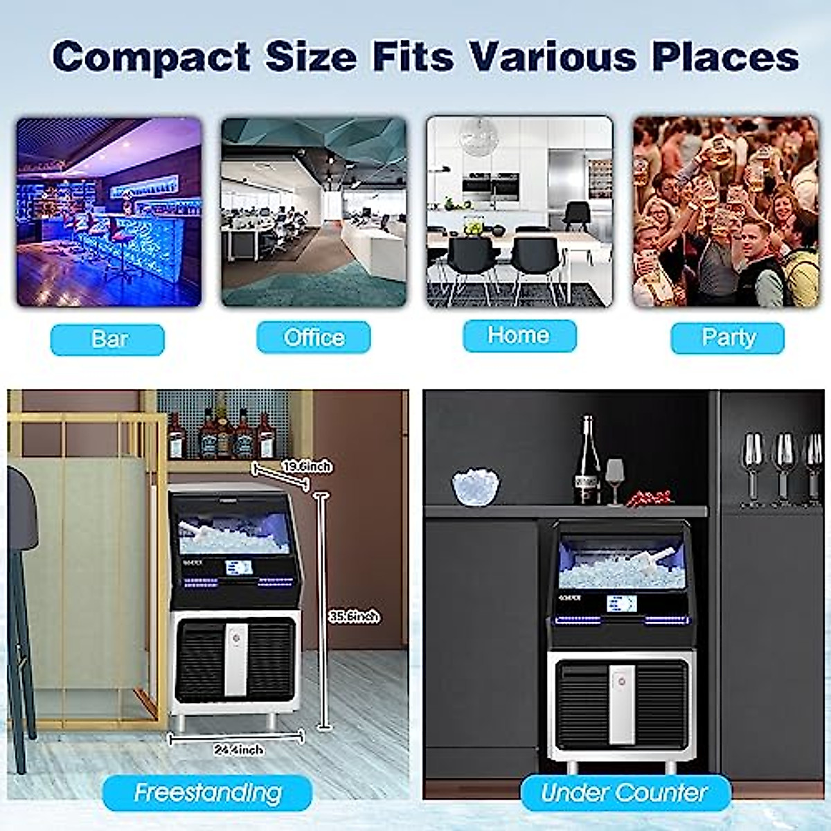 GSEICE Commercial Ice Maker Machine,280lbs/24H with 70lbs Ice Storage Capacity, 20” Air Cooled Undercounter Full Cube Ice Maker, 304 Stainless Steel Smart Control Ice Machine for Home Business Party