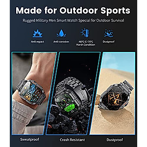 Military Smart Watches for Men(Answer/Dial Calls), 1.96'' HD Fitness Watch with Heart Rate/Blood Oxygen Monitor, AI Voice/400mAh Battery, IP67 Waterproof Rugged Outdoor Smartwatch for Android iOS