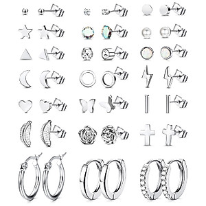 FASACCO 21Pairs Stainless Steel Earrings Silver Hoop Stud Earrings Sets for Multiple Piercing Small Tiny Stud Earrings Small Huggie Hoop Earrings