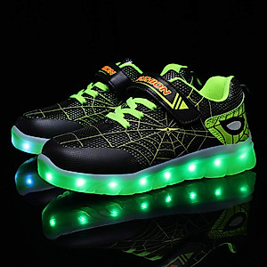YUNICUS Boys Shoes, LED Light Up Shoes Kids Girls Boys Breathable Flashing Sneakers (Toddler 10M, Black/Green)