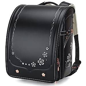 IwaiLoft Ransel Randoseru Backpack Automatic Satchel Japanese School Bag Cherry Blossom Sakura Embroidery PU Bookbag For Girls (Black)