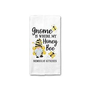 CANARY ROAD Personalized Gnome is Where My Honey Bee Kitchen Towel | Custom Bee Theme Dish Towel | Summer Kitchen Decor | Seasonal Decor | Kitchen Accessories | Housewarming Gift | Gift for Friend