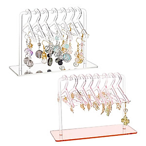 FINGERINSPIRE 2 Sets Acrylic Earring Holder with Mini Hangers Sliver/Pink 32 Holes 96 Slots Coat Hanger Shape Earring Display Stand with Mirrored Base Jewelry Storage Rack for Show, Photography Props