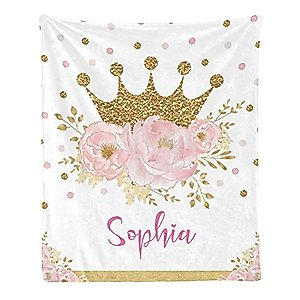 Custom Blanket Personalized Blush Floral Gold Soft Fleece Throw Blanket with Name for Gifts Sofa Bed (50 X 60 inches)