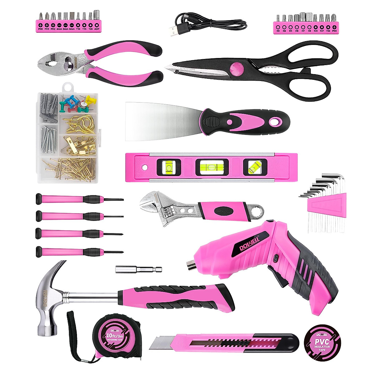 143 Pcs Pink Homeowner Tool Set with 3.6V Cordless Screwdriver General Household Hand Tool Kit with Plastic Tool box Storage Case for Women,Men