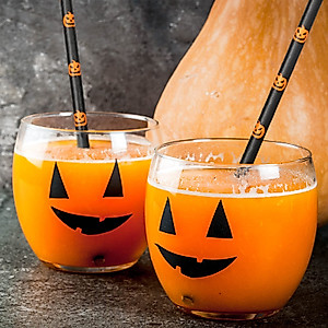 Whaline 200Pcs Halloween Paper Straws Horror Pumpkin Pattern Disposable Straws Orange Black Pumpkin Face Printed Drinking Straws Party Straws Bulk for Cocktail Juices Halloween Party Supplies