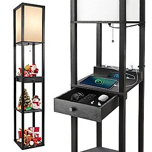 OUTON Floor Lamp with Shelves, 1 Drawer, 2 USB-C Ports, 2 AC Outlets, LED Modern Floor Lamp with 3 Color Temperature, Storage Display Wood Standing Lamp for Living Room, Bedroom, Office (Black)