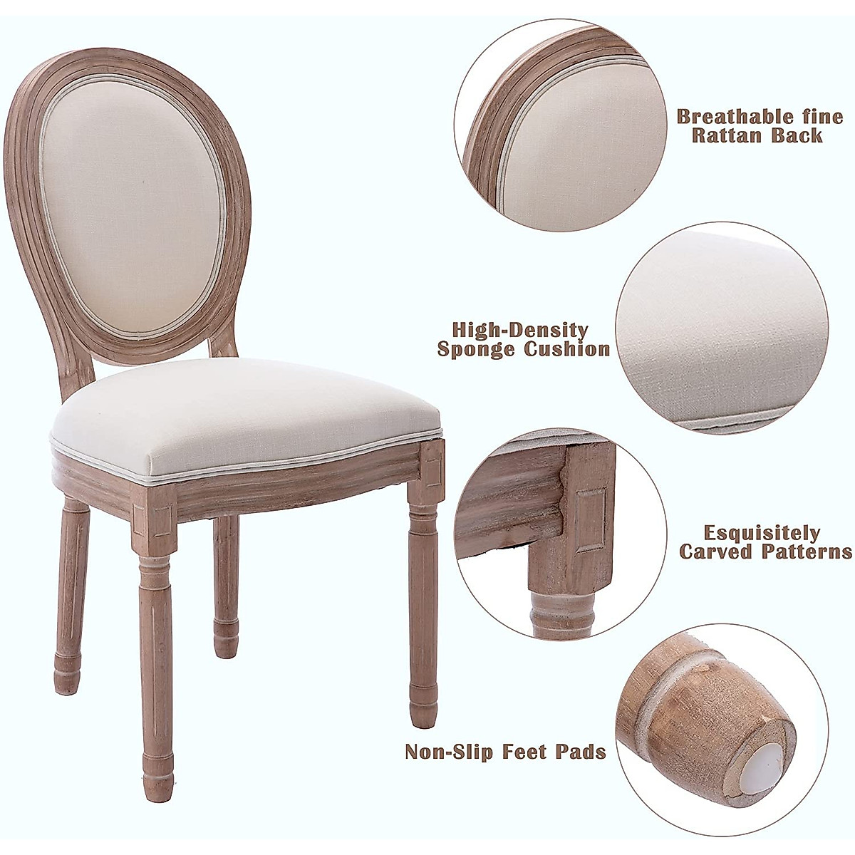 Nrizc French Dining Chairs Set of 6, French Country, Vintage Farmhouse Dining Chairs with Round Back, Solid Wood Beige Fabric Dining Room Chairs, for Kitchen, Bedroom