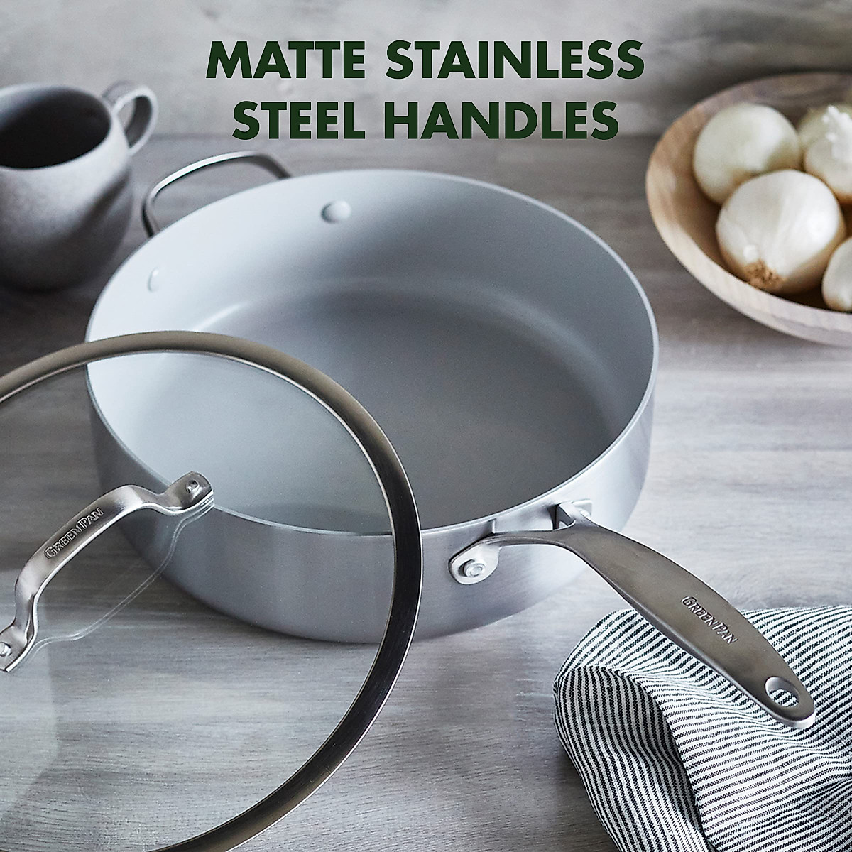 GreenPan Venice Pro Tri-Ply Stainless Steel Healthy Ceramic Nonstick 5QT Saute Pan Jumbo Cooker with Helper Handle and Lid, PFAS-Free, Multi Clad, Induction, Dishwasher Safe, Oven Safe, Silver