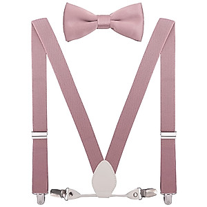 YJDS Mens' Leather Suspenders and Bowtie Set Elastic for Wedding Blush Pink 47''