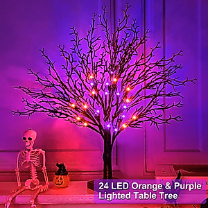 [ Timer ] 24 Inch Orange & Purple Lighted Halloween Tree with 24 LED Black Twigs Tree Lights Battery Operated Tabletop Halloween Spooky Tree Decorations for Indoor Home Party Holiday Festival Decor
