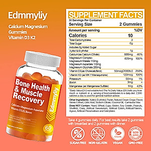 Calcium Magnesium Gummies Supplement for Adults With Vitamin D3 K2 High Absorption Magnesium Glycinate 200mg Calcium Citrate 600mg Supplements for Bone, Muscles, Calm, Mood, Vegan, Gluten-Free,Non-GMO