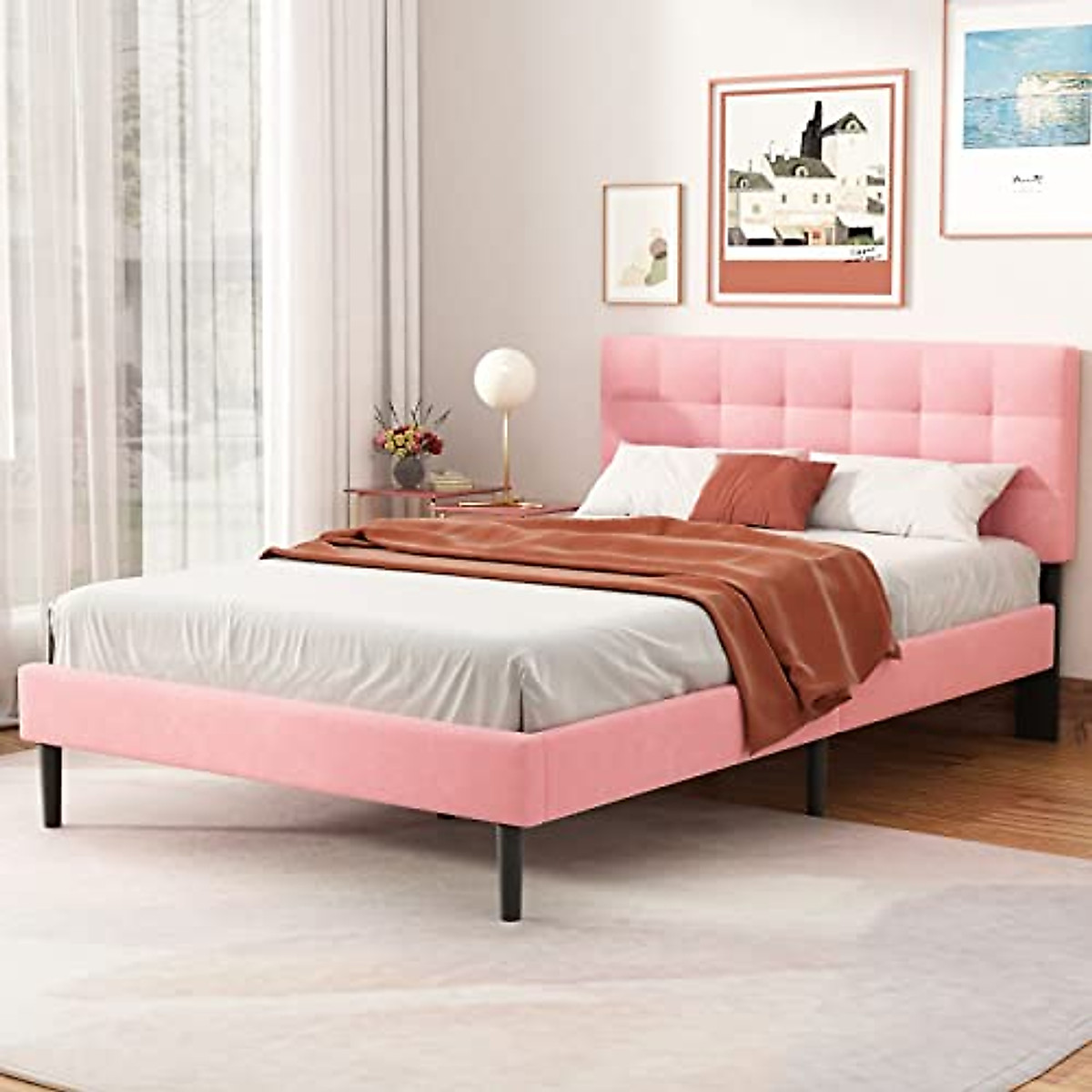 UNIZONE Queen Size Upholstered Bed Frame with Tufted Headboard, Velvet Platform Bed with Headboard, Wood Slats Support, Mattress Foundation, No Box Spring Needed, Easy Assembly, No Squeak, Pink