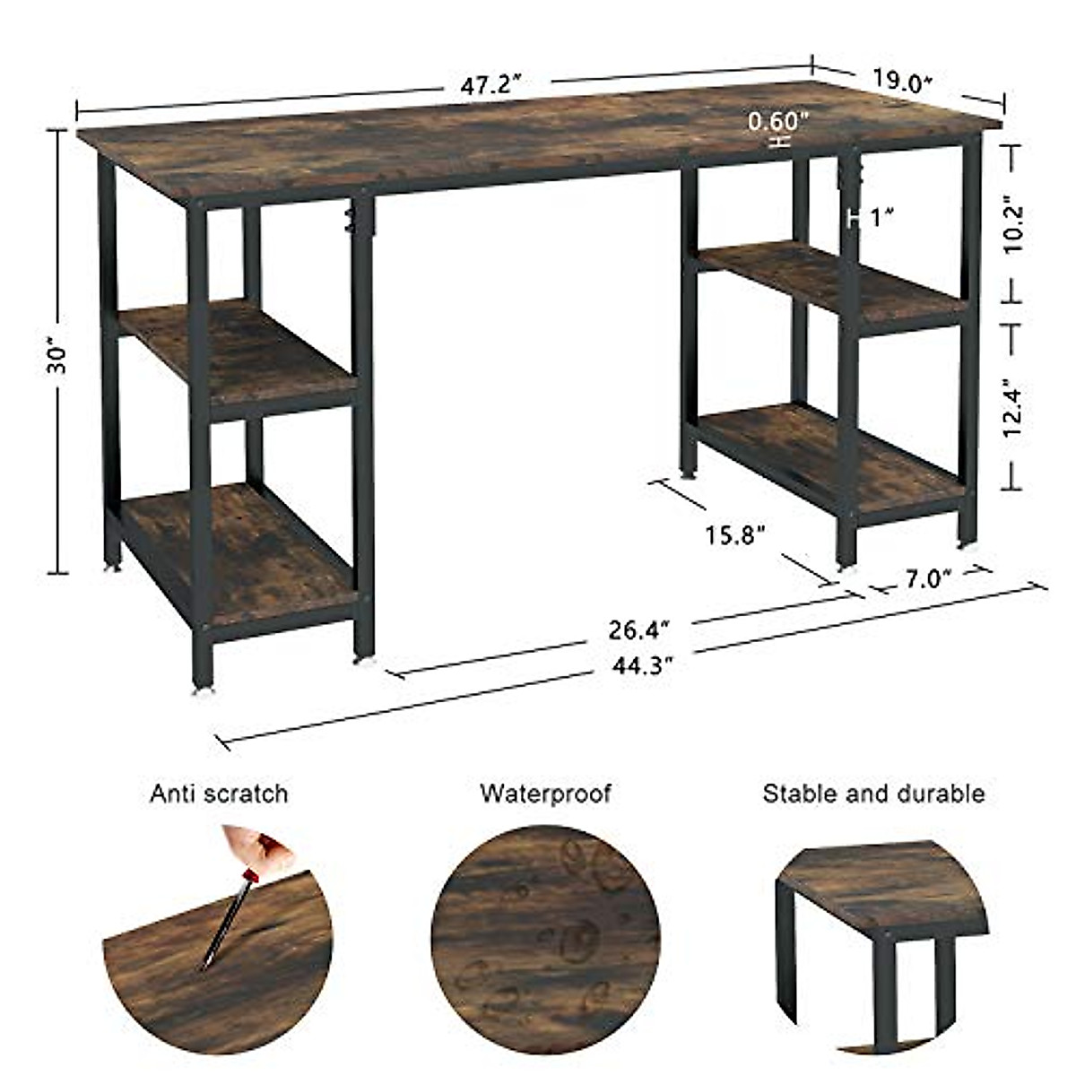 YOLEO Computer Desk with Shelves - 47.2" Student Study Desk for Home Office, Modern Sturdy Table Office Desk with 4 Tier Storage Shelves for Small Spaces, Rustic Brown