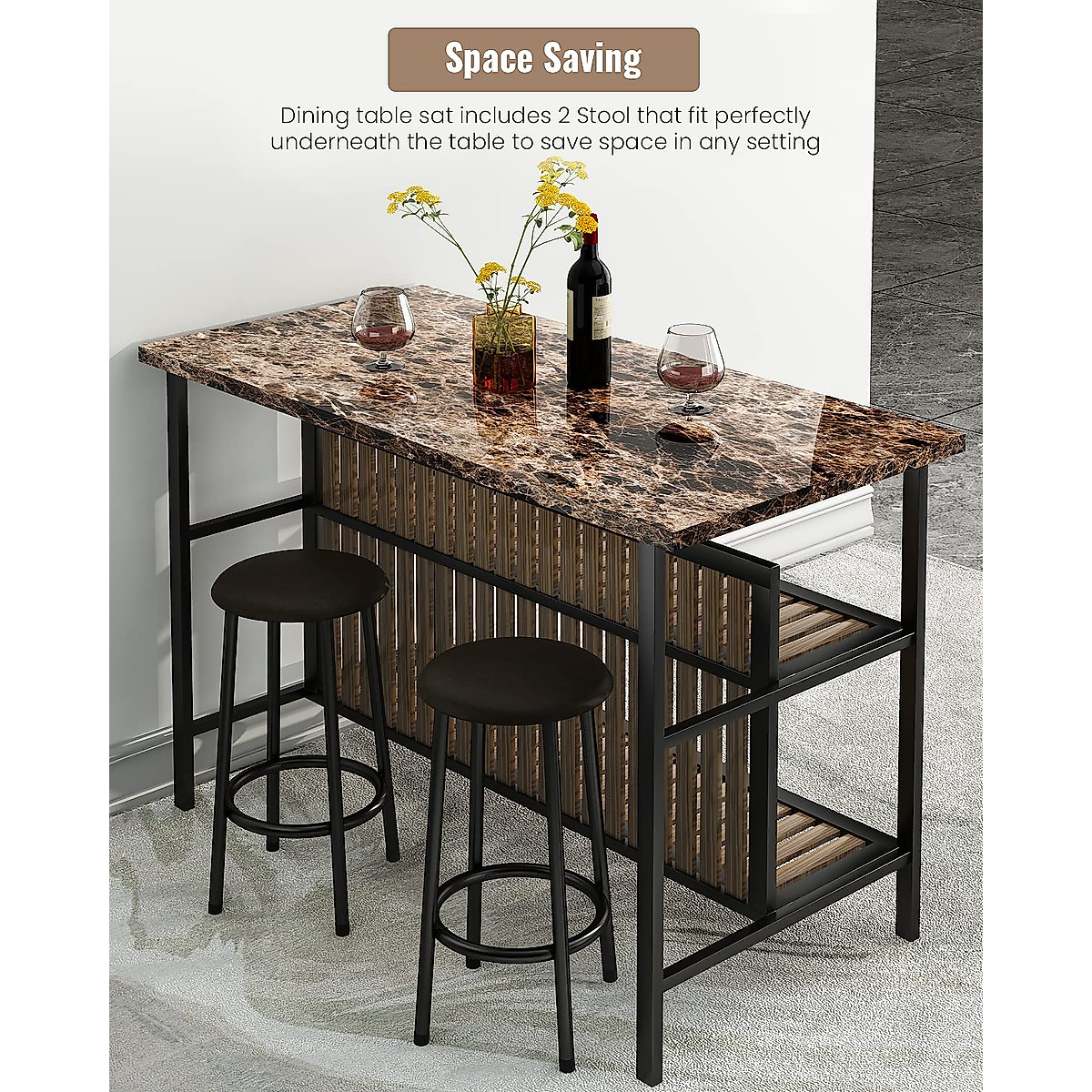 AWQM 3 Piece Bar Table Set with Storage, Kitchen Island with Seating Wooden Counter Height Table and Chairs Set, Brown
