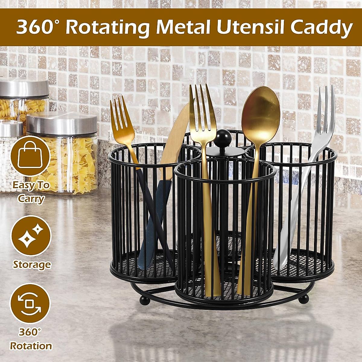 Metal Utensil Caddy 360 Degree Rotating Cutlery Holder 4 Compartment Flatware Storage Basket Portable Multipurpose Countertop Silverware Organizer for Kitchen Picnic Camping Outdoor(16*16*14cm,black)