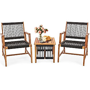 Tangkula 3 Pieces Acacia Wood Outdoor Furniture Set, All-Weather Rope Woven Bistro Set with Armchairs and Coffee Table, Patio Conversation Set for Front Porch, Deck, Balcony