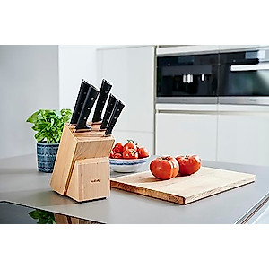 Tefal Ice Force K232S574 Wooden Block with 5 Slots and 5 Knives: Bread Knife 20 cm / Chef Knife 20 cm / Santoku Knife 18 cm / Paring Knife 11 cm / Carving Knife 9 cm
