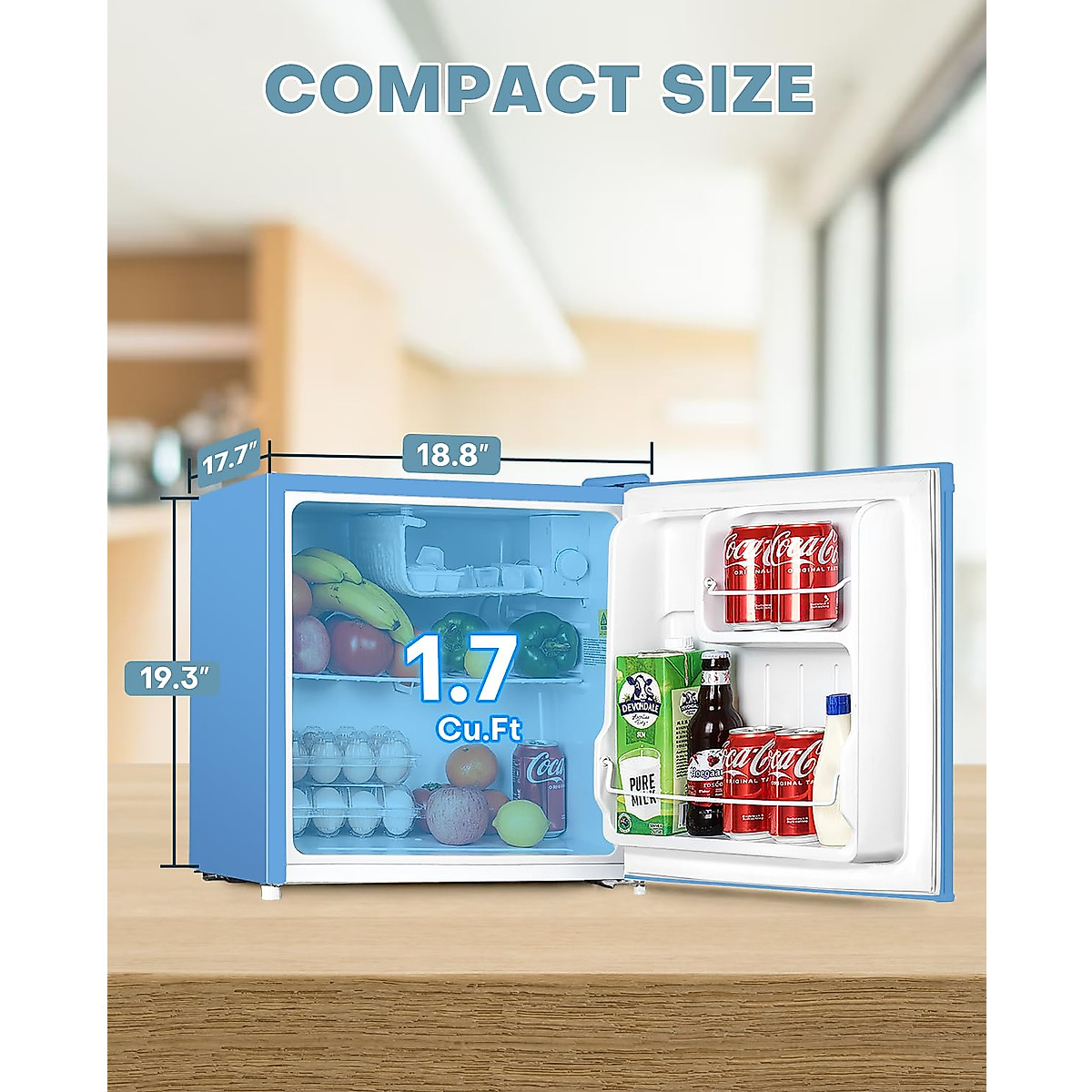 Upstreman 1.7 Cu.ft Mini Fridge with Freezer, Dorm Essentials, Adjustable Thermostat, Energy Saving, Low Noise, Single Door Compact Refrigerator for Dorm, Office, Bedroom, Blue-FR17